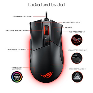 ASUS ROG Gladius II Origin Wired USB Optical Ergonomic FPS Gaming Mouse featuring Aura Sync RGB, 12000 DPI Optical, 50G Acceleration, 250 IPS sensors and swappable Omron switches,Black