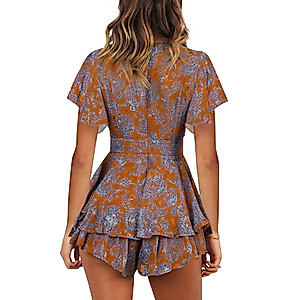 DOFEEYA Women's Floral Short Romper V Neck Flare Sleeve Summer Dress Rompers Casual Waist Tie Layered Ruffle Hem Jumpsuit