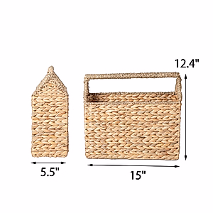 JJSQ Water Hyacinth Storage Basket for Magazine, Rattan Magazine Holder Floor Selfstand, Wicker Basket with Handle for files & Newspaper, Natural 15" x 5.5" x 12.4"
