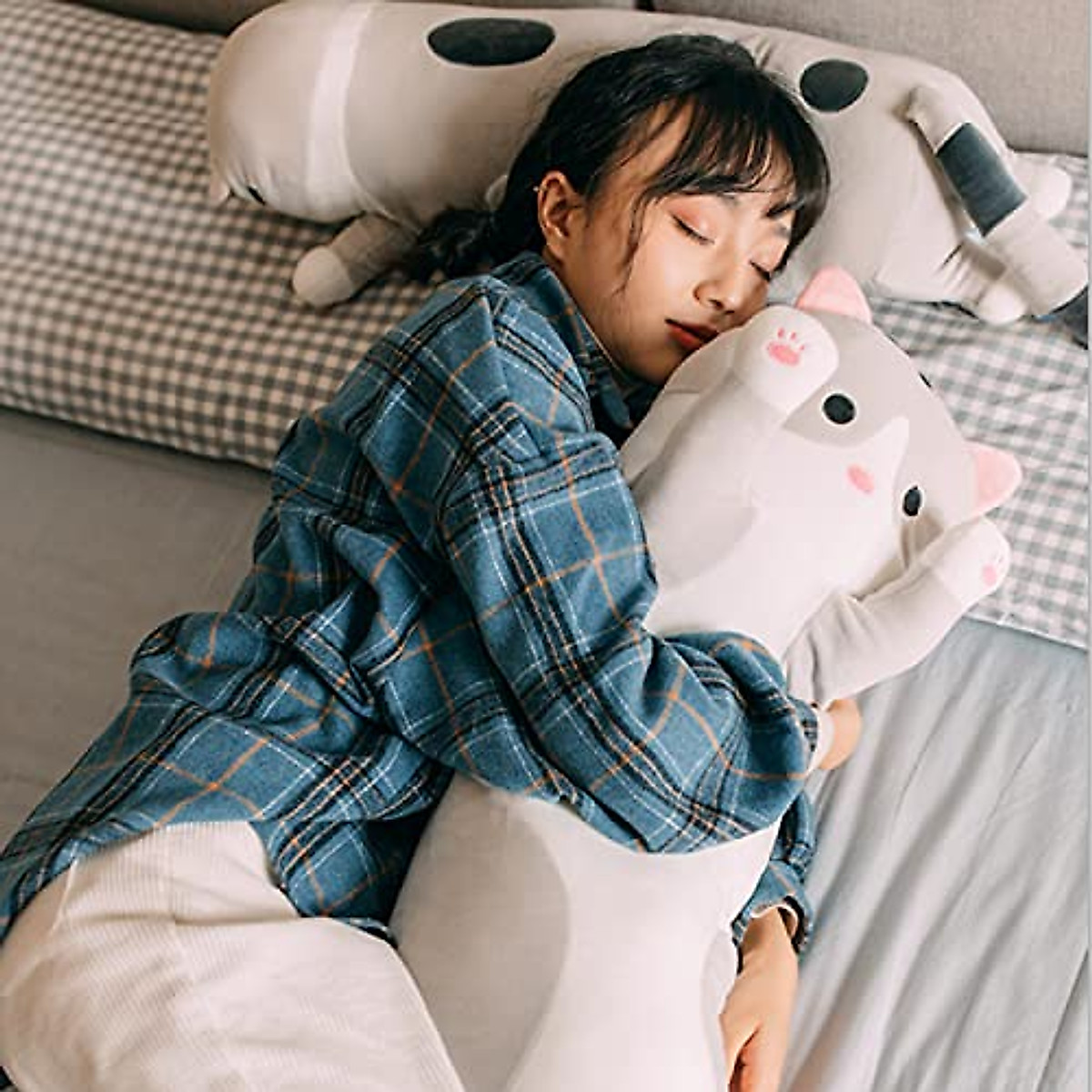 Handytoolinc Cat Soft Pillow Plush Long Throw Sleeping Pillow Cotton Kitten Pillow Cuddly Stuffed Cute Plush Doll Toy Gift for Kids Girlfriend (19.7 inch/50 cm, Grey)