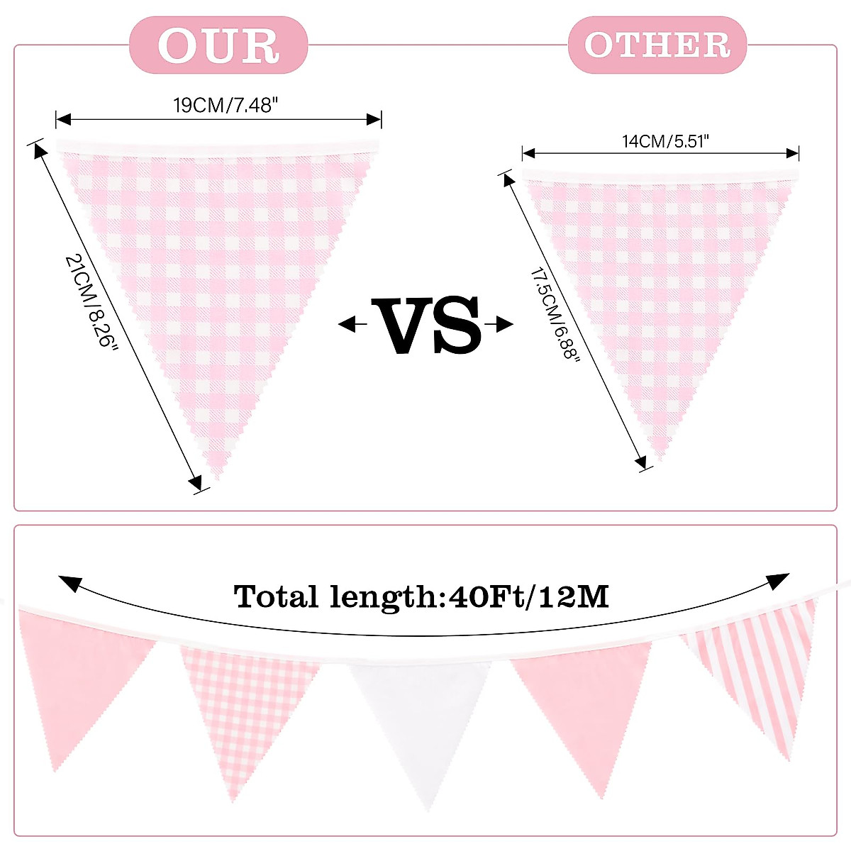 GCQQ 40Ft Pink White Party Decoration, 42Pcs Large Striped and Checkered Fabric Banner Garland, Triangle Banner Flags for Valentine's Pink Party, Wedding, Bridal Baby Shower, Home Nursery Decoration