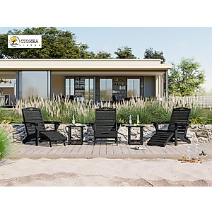 Ciokea Folding Adirondack Chair with Retractable Ottoman Fire Pit Patio Chair with Pull Out Foot Rest Weather Resistant Lawn Outdoor Lounge Chair with 2 Cup Holder (Black)