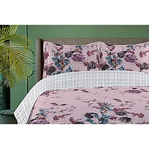 Ambesonne Vintage Floral Reversible Bedspread Set, Nostalgic Botanical Garden Artwork of Floral Blossoms and Branches, Pillow Shams & Comforter Microfiber Bedding Set, King Size, Grey Pink Cadet Blue