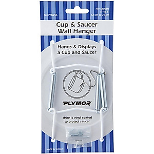 Plymor White Vinyl Finish Wall Mountable Tension Cup & Saucer Hanger (2 Pack), 8" H x 2.75" W x 1" D