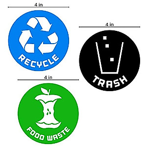 Recycle,trash and compost (food waste) bin logo stickers (6 Pack) 4in x 4in - Organize trash - For metal or plastic garbage cans, containers and bins - indoor & outdoor - Home, kitchen, or office
