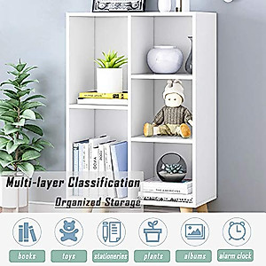 IOTXY Wooden Open Shelf Bookcase - 3-Tier Floor Standing Display Cabinet Rack with Legs, 5 Cubes Bookshelf, Warm White