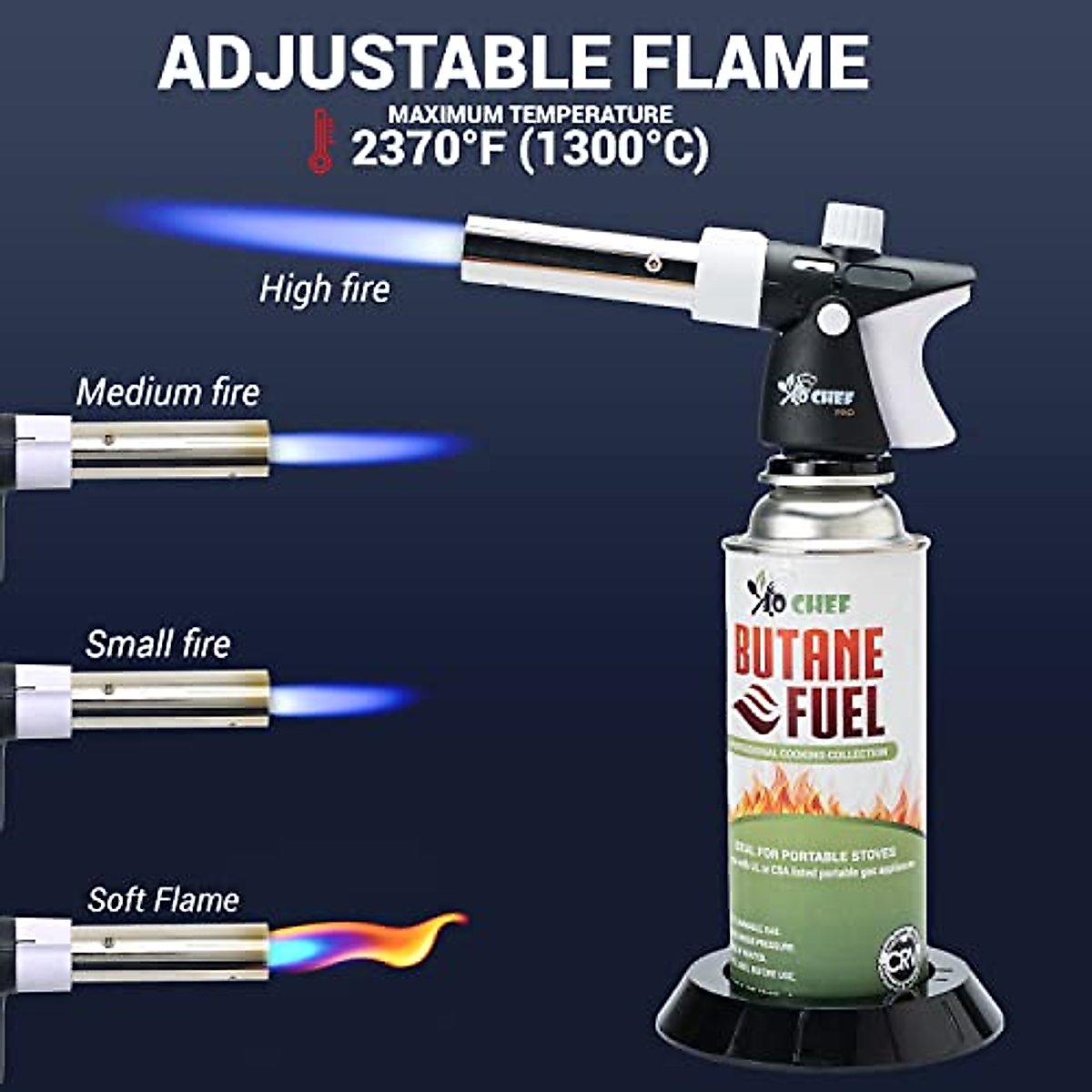 Jo Chef Pro Butane Torch Lighter - Refillable Butane Torch Head, Small Butane Torch with Safety Lock & Adjustable Flame - Culinary Blow Torch, Creme Brulee Torch, Baking, Included 2 Butane Canisters