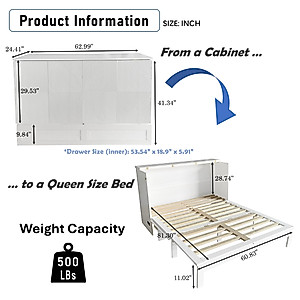UOCFYK Queen Murphy Bed with Large Storage Drawer & Charging Station,Solid Pine Murphy Bedframe w/Wooden Slat Support, No Spring Box Needed, White