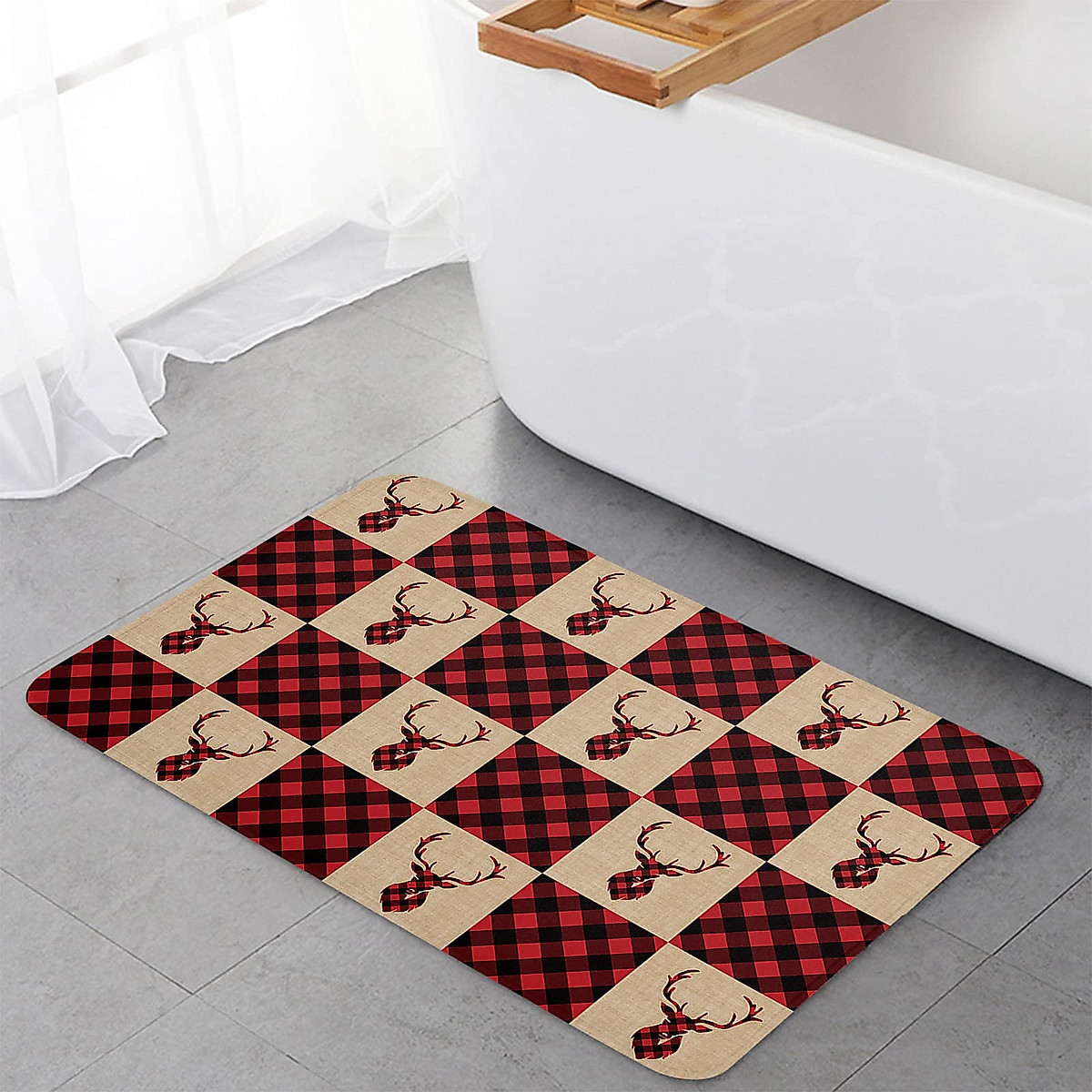 Christmas Bath Rugs Elk Deer Reindeer Sponge Doormat Absorbent Non Slip Backing Durable Soft Flannel Mat Red Buffalo Plaid Checkered Christmas Memory Foam Mats for Bathroom Kitchen 18 x 30 inches