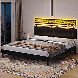 EPHEX King Platform Bed Frame with LED Lights, Faux Leather Upholstered Bed Frame with Wall Mount Headboard & Pegboard, Strong Wood Slat Support, No Box Spring Needed, Black