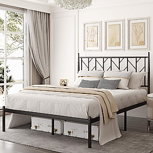 Allewie Queen Size Platform Bed Frame with Vintage Headboard, 14 Inches Metal Mattress Foundation for Storage, No Box Spring Needed, Easy Assembly, Modern, Black