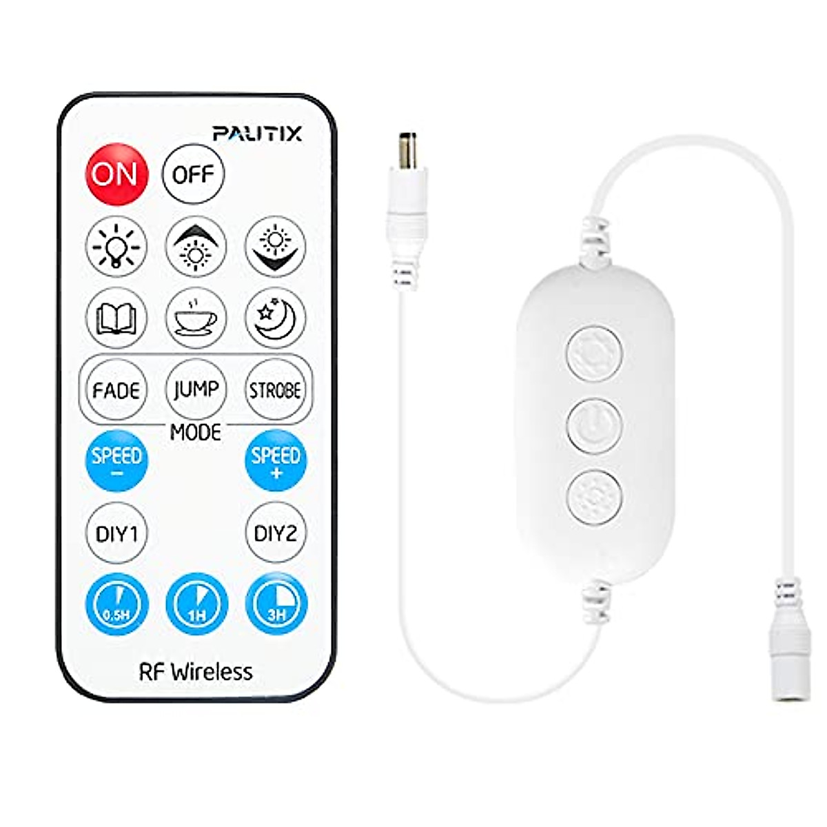 PAUTIX RF Remote Dimmer for Single Color LED Strip Lights,18-Key Wireless Remote and in-line Controller DC 5-24V for 3528/2835/5050/COB LED Tape Lights,Timer Function