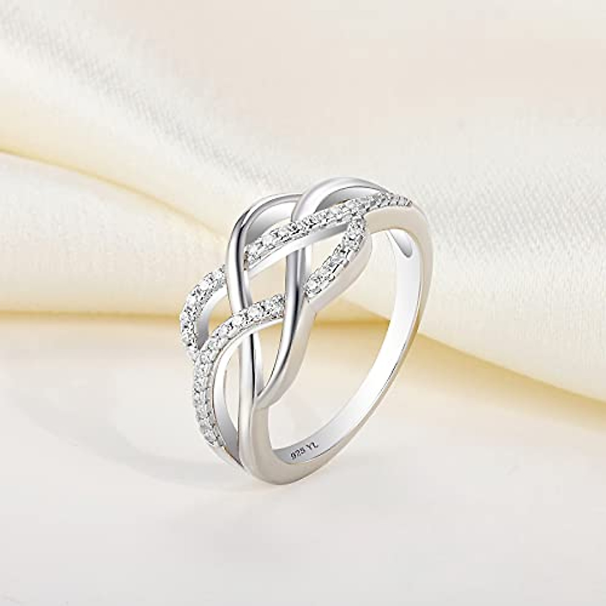 YL Celtic Knot Rings 925 Sterling Silver Twisted Knot Ring 18k White Gold Plated Cubic Zirconia Infinity Statement Rings-size7