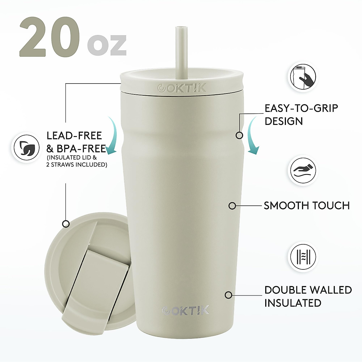 COKTIK 20oz Insulated Tumbler with Lid and Straw 2 Lids (Straw/Flip) Iced Coffee Cup Reusable Stainless Steel Travel Mug Water Bottle Cupholder Friendly for Women Men Her Him (Almond Birch)