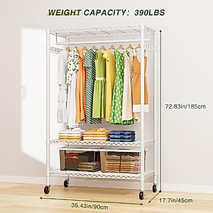 LEHOM G1 Heavy Duty Clothes Rack, 3 Tiers Rolling Garment Rack for Hanging Clothes, Adjustable Wire Clothing Rack with Storage Shelves, Lockable Wheels Freestanding Closet Wardrobe for Bedroom, White