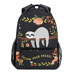 Wamika Funny Cute Sloth Tree Flowers Kids Backpack School Bookbags Daypack Bag Follow Yours Dreams Water Resistant, Sloth Cat Tropical Floral Bags Children Backpack for 1th- 6th Grade Girls Boys
