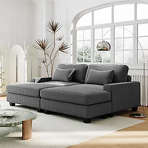 JIVOIT 90'' Square Arm Sofa with Two Detachable Ottomans, Velvet Fabric Sofa Set with Removable Back Cushions and 2 Pillows, Couch for Living Room, Office, Apartment (Grey * 037)