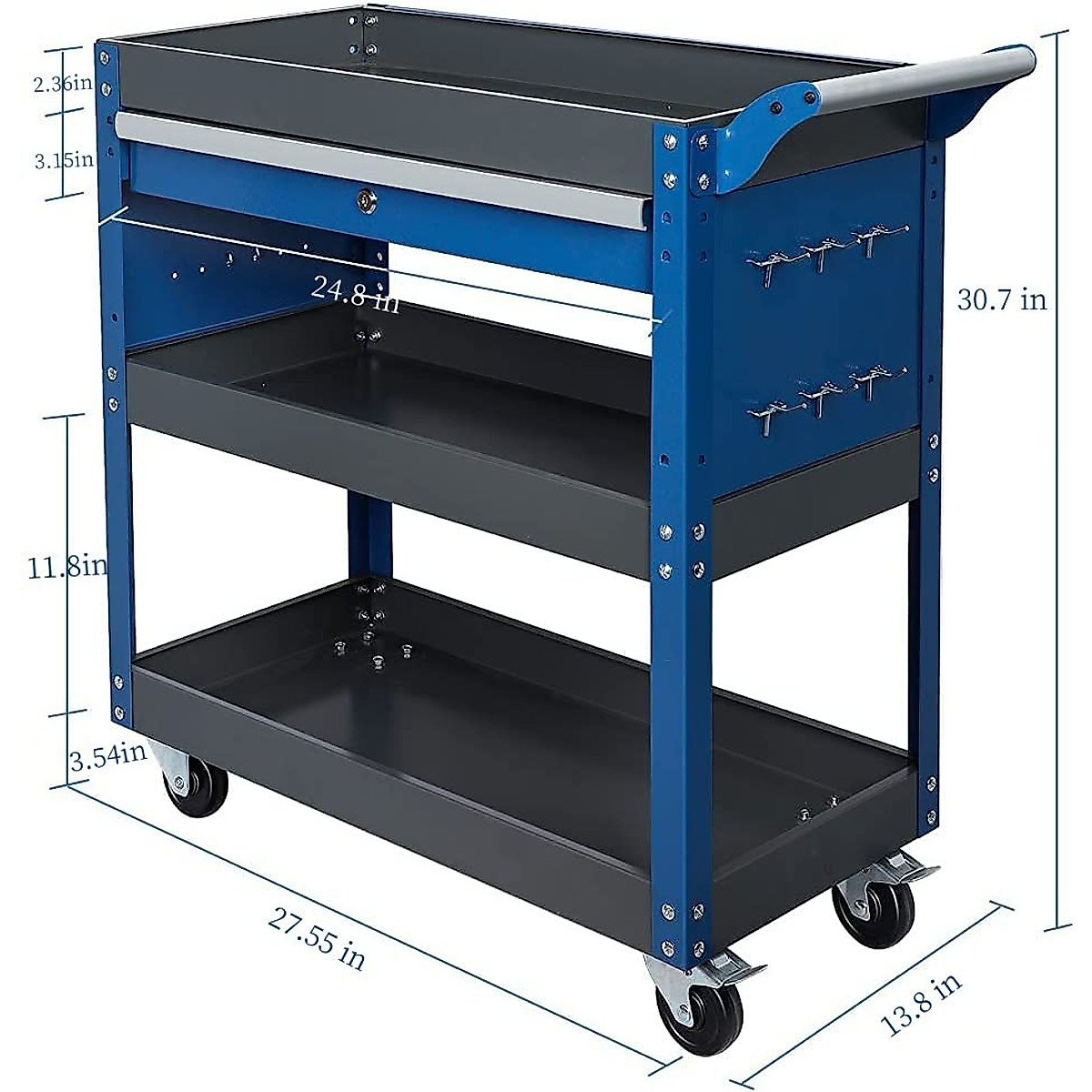 AIRAJ PRO 3 Tier Tool Cart,440 LBS Rolling Tool Cart with Drawer and Wheels,Heavy Duty Industrial Service Cart,Tool Storage Cart with Lockable Drawers ,Tool Storage Organizer for Garage, Warehouse,Workshop,Blue