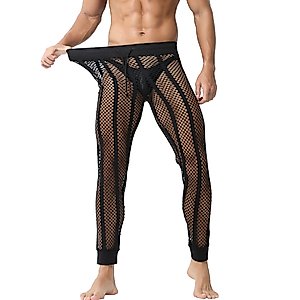 YUFEIDA Men's Fishnet Pants Drawstring Bottoms Low Rise Mesh Leggings Muscle Fit Long Pants See Through Thermal Bottoms Black