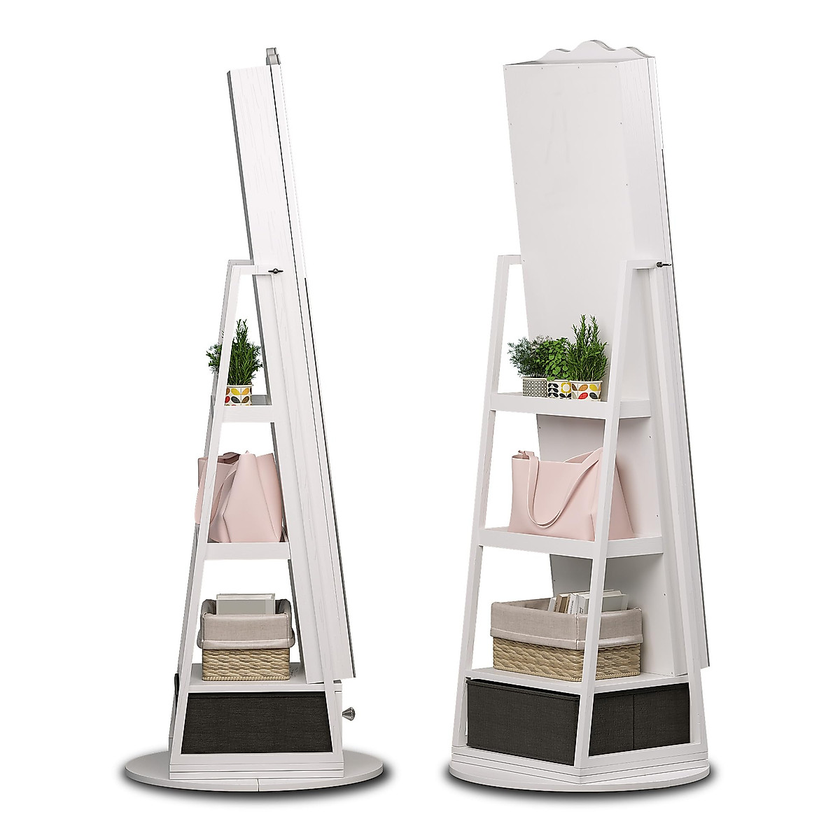 Full-Length Standing Mirror Jewelry Cabinet with Lights, Storage, and Rotating Shelf - White