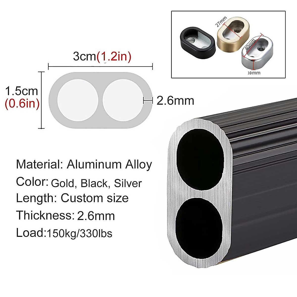 Wall Mounted Aluminum Closet Bar for Hanging Clothes 24 28 30 34 36 38 40 46 50 Inch Long, Detachable Clothes Hanging Rod Pole Wardrobe Storage Clothing Organizer Rack System Kit (Color : Silver, Si