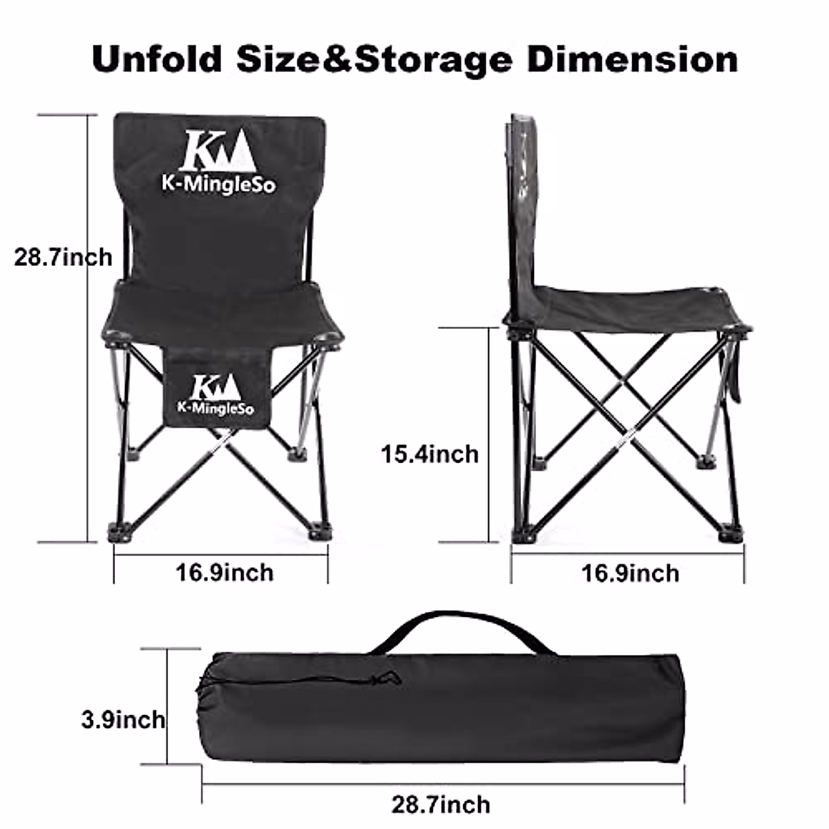 K-MingleSo Upgraded Folding Camping Chair with Side Pocket, Compact Ultralight Backpacking Chair for Fishing, BBQ, Beach, Travel, Picnic, Large Size, Hold Up to 330lbs [Black]