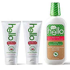 Hello Natural Watermelon Flavor Kids Fluoride Free Toothpaste and Mouthwash, Vegan, Alcohol Free, SLS Free, Gluten Free, 4.2 Ounce Toothpaste Tubes (Pack of 2), 16 Fl Oz Mouthwash Bottle