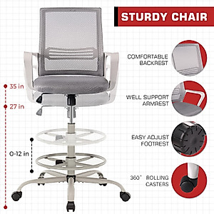 HOMEFLA Mid-Back Mesh Drafting Chair - Tall Office Chair with Armrest Standing Desk Chair Counter Height with Adjustable Foot Ring (Grey)