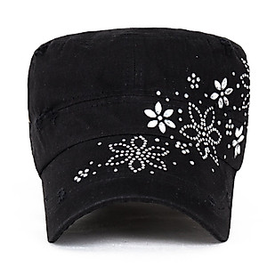 ililily Crystal Gemstone Stud Flower Vintage Cotton Military Army Hat Cadet Cap, Black