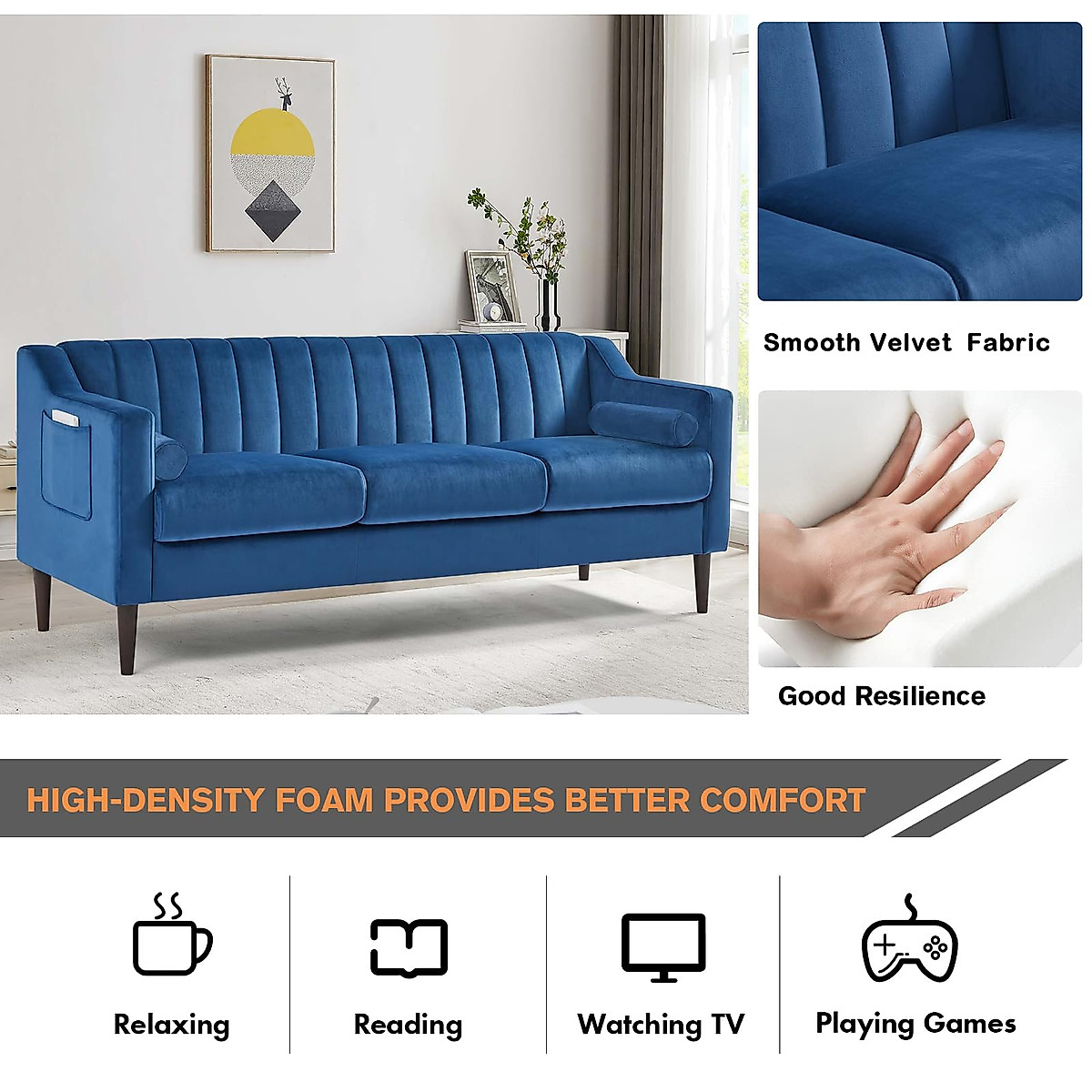 3 Seater Velvet Chesterfield Sofa, 77" Mid-Century Tufted Comfortable Upholstered Sofa Couch with Storage Side Pocket for Living Room Bedroom Office Apartment (Blue)