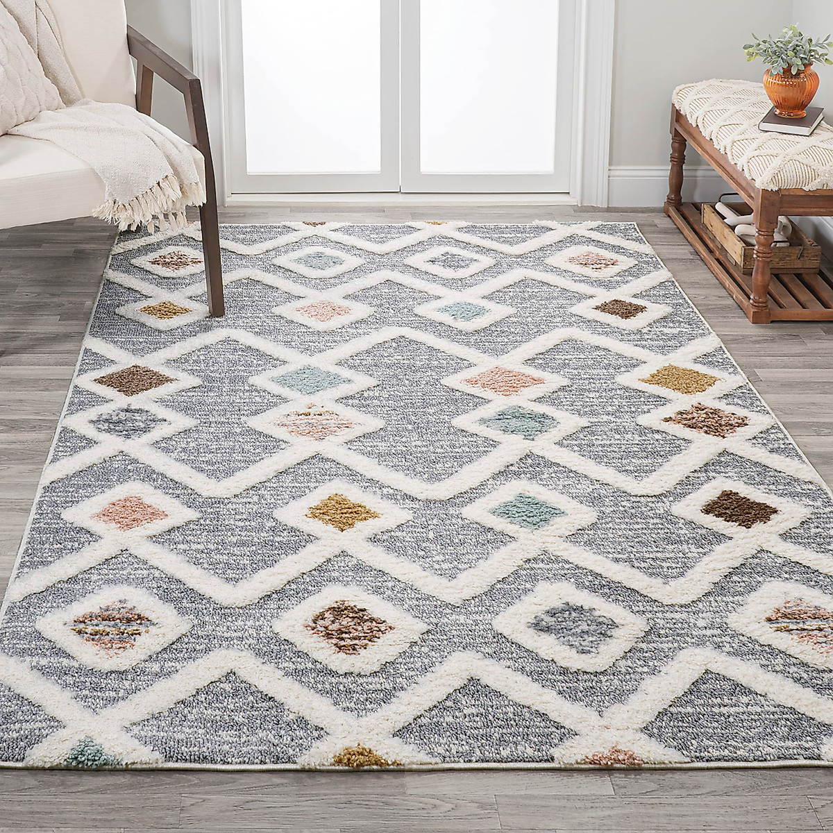 JONATHAN Y SNT104A-5 Monique Trellis High-Low Indoor Area -Rug, Modern, Contemporary, Bohemian Easy -Cleaning,Bedroom,Kitchen,Living Room,Non Shedding, Multi/Gray, 5 X 8