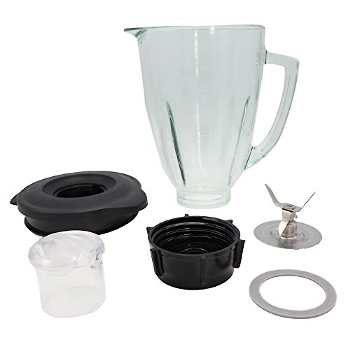 Blendin Complete 6-Piece 48 Ounce Replacement Round Glass Jar Cup Assembly Set With a Jar Base Cap, Blade, Gasket, Round Lid, Center Fill - Compatible with Standard Oster & Osterizer Blenders