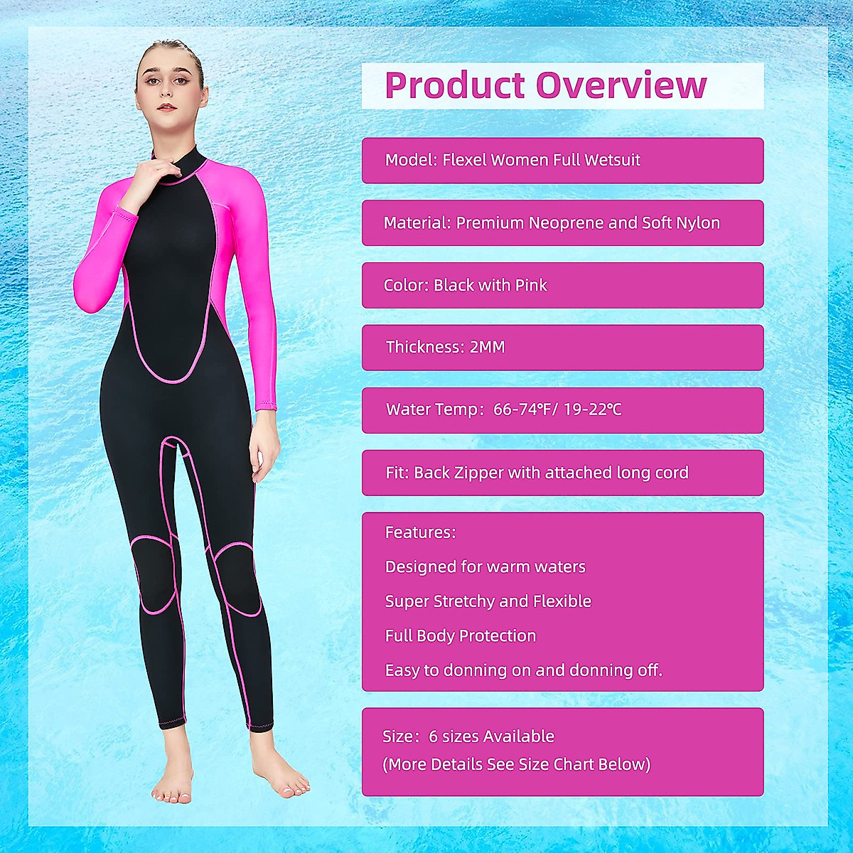 HIGI Flexel Full Wetsuit for Women,2mm Womens Wet Wuit Long Sleeve Swimsuits for Women in Cold Water Thermal Surfing Wetsuit Women Snorkeling Suit Scuba Swimsuit for Women black with pink, Large