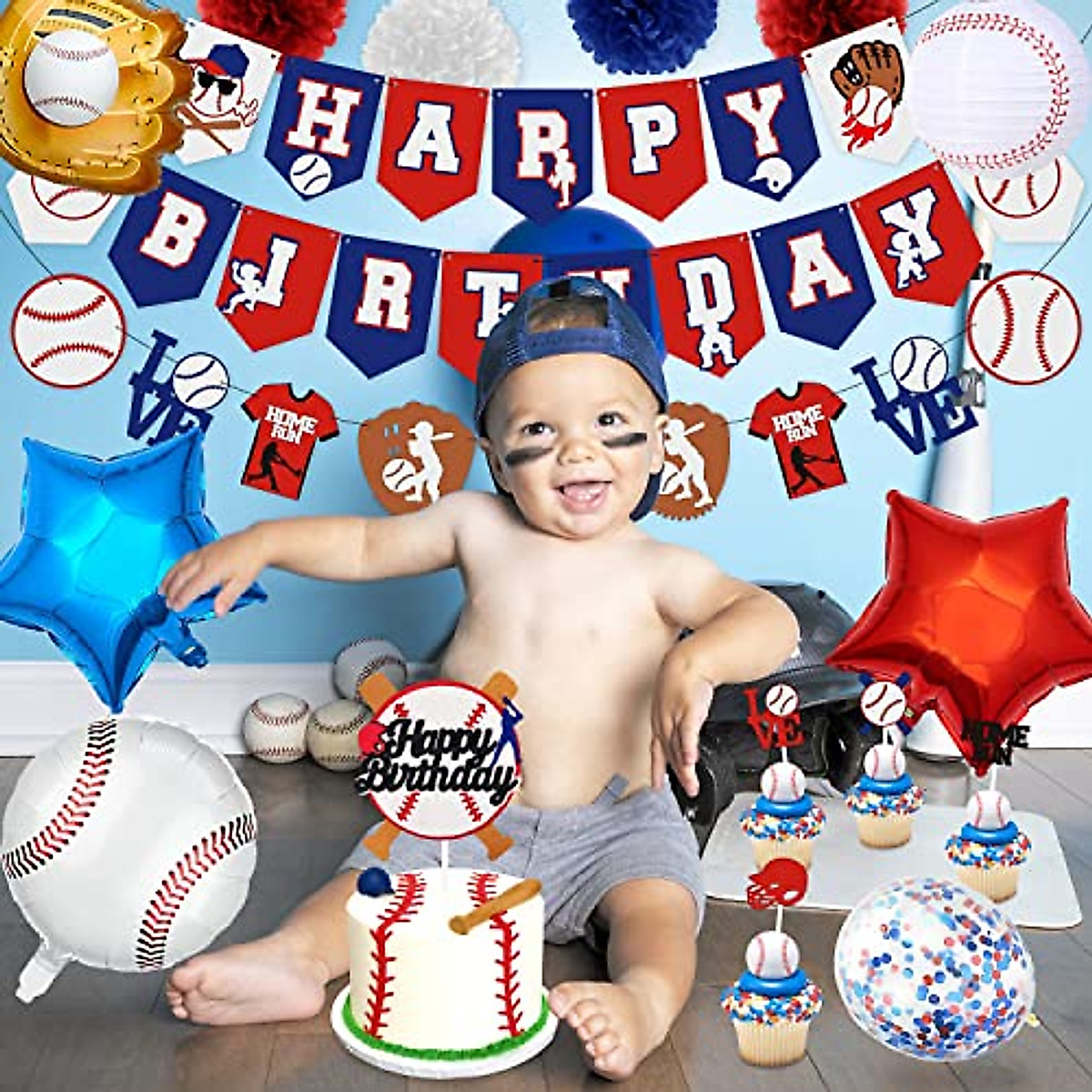 Baseball Birthday Party Decorations Sports Party Supplies Baseball Theme Happy Birthday Banner Cake Topper Balloons Paper Pom Poms Lanterns for Boys Girls Birthday Baby Shower (Baseball-01)