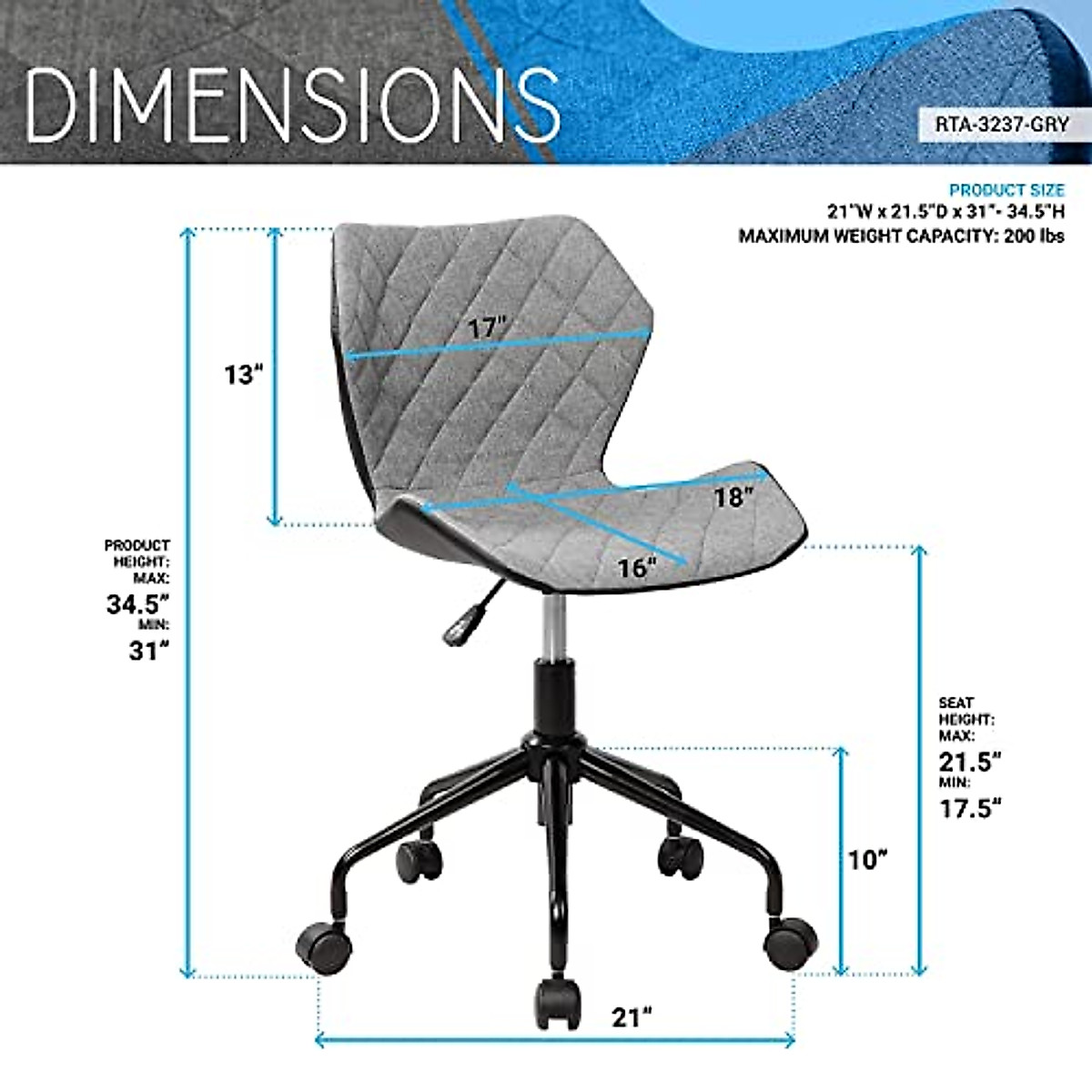 Techni Mobili Deluxe Modern Office Armless Task Chair, Grey 21.5D x 21W x 31H in