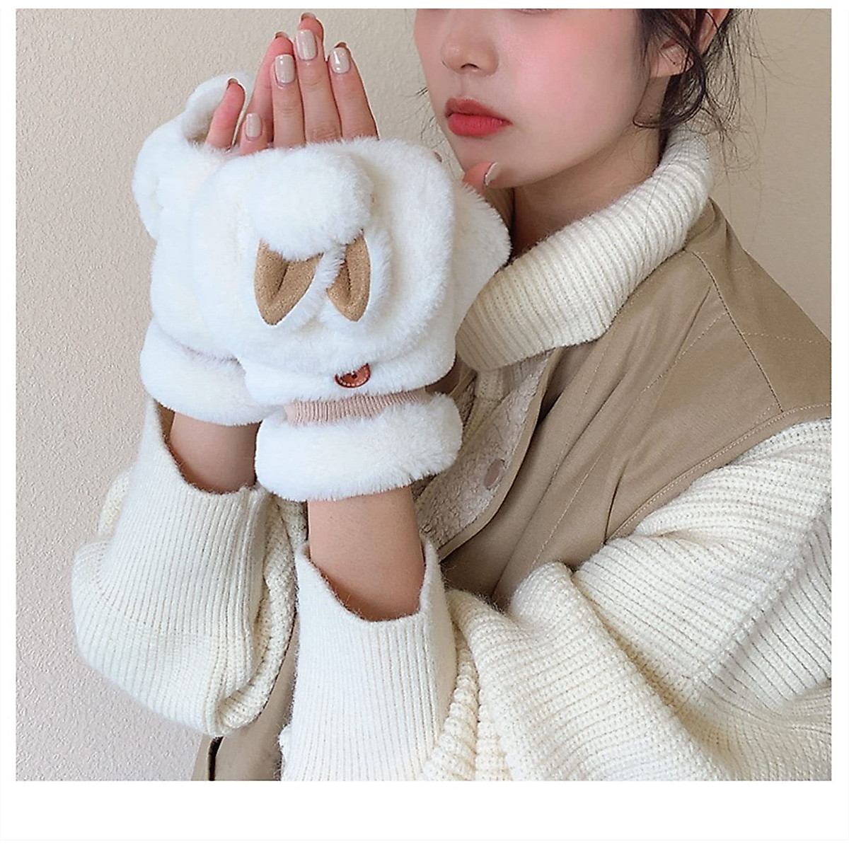 Women Girls Warm Gloves Thicken Cute Rabbit Ears Convertible Flip Top Winter Fingerless Thick Mittens for Teen Student (Color : White, Size : One Size)