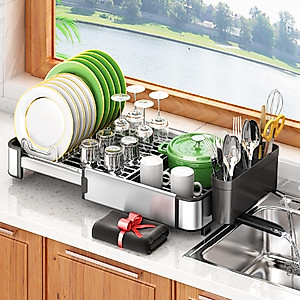 Dish Drying Rack, Kitchen Counter Dish Drainer Rack Auto-Drain, Expandable (14.8 to 22.2 inch) Rustproof Aluminium Large Sink Dish Strainer with Dish Drying Mat and Utensil Holder, Silver