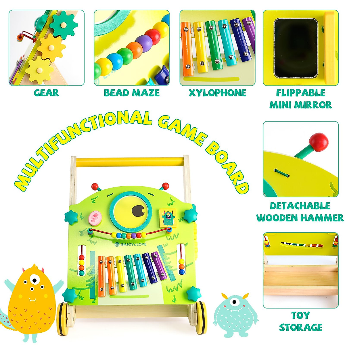 Wooden Baby Walker Baby Push Walker Sit-to-Stand Learning Walkers for Baby Toddlers Baby Walker Activity Center Toys Multifunctional Montressori Educational Toy for Boys & Girls