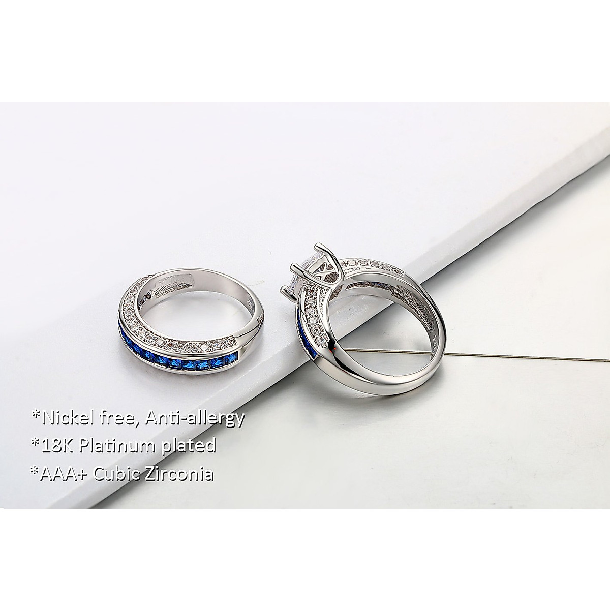 European Style Amethyst Two Pieces Cubic Zirconia Wedding Engagement Band Couple Rings (Blue, 5)