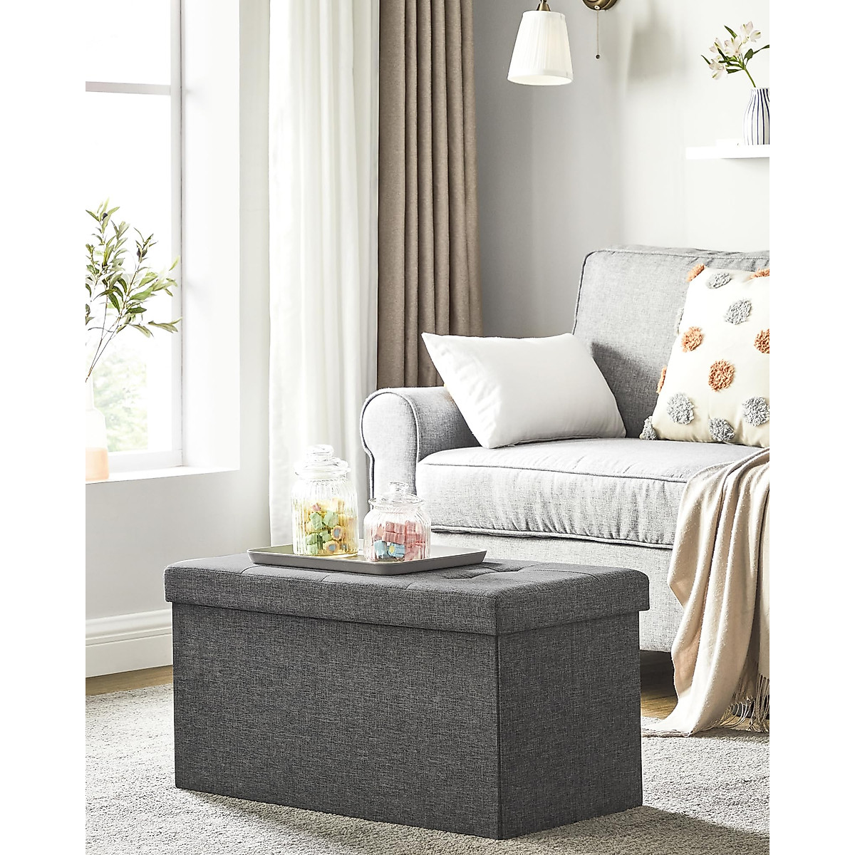 SONGMICS 30 Inches Folding Storage Ottoman Bench, Storage Chest, Foot Rest Stool, Dark Gray ULSF47K