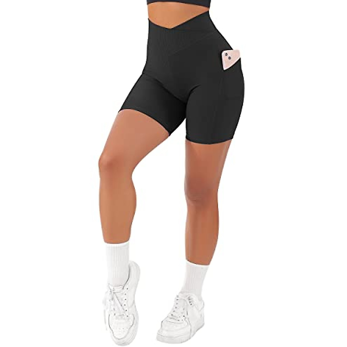 SUUKSESS Women Cross Waist Workout Shorts with Pockets Ribbed High Waisted Booty Biker Shorts (#1 Black, M)