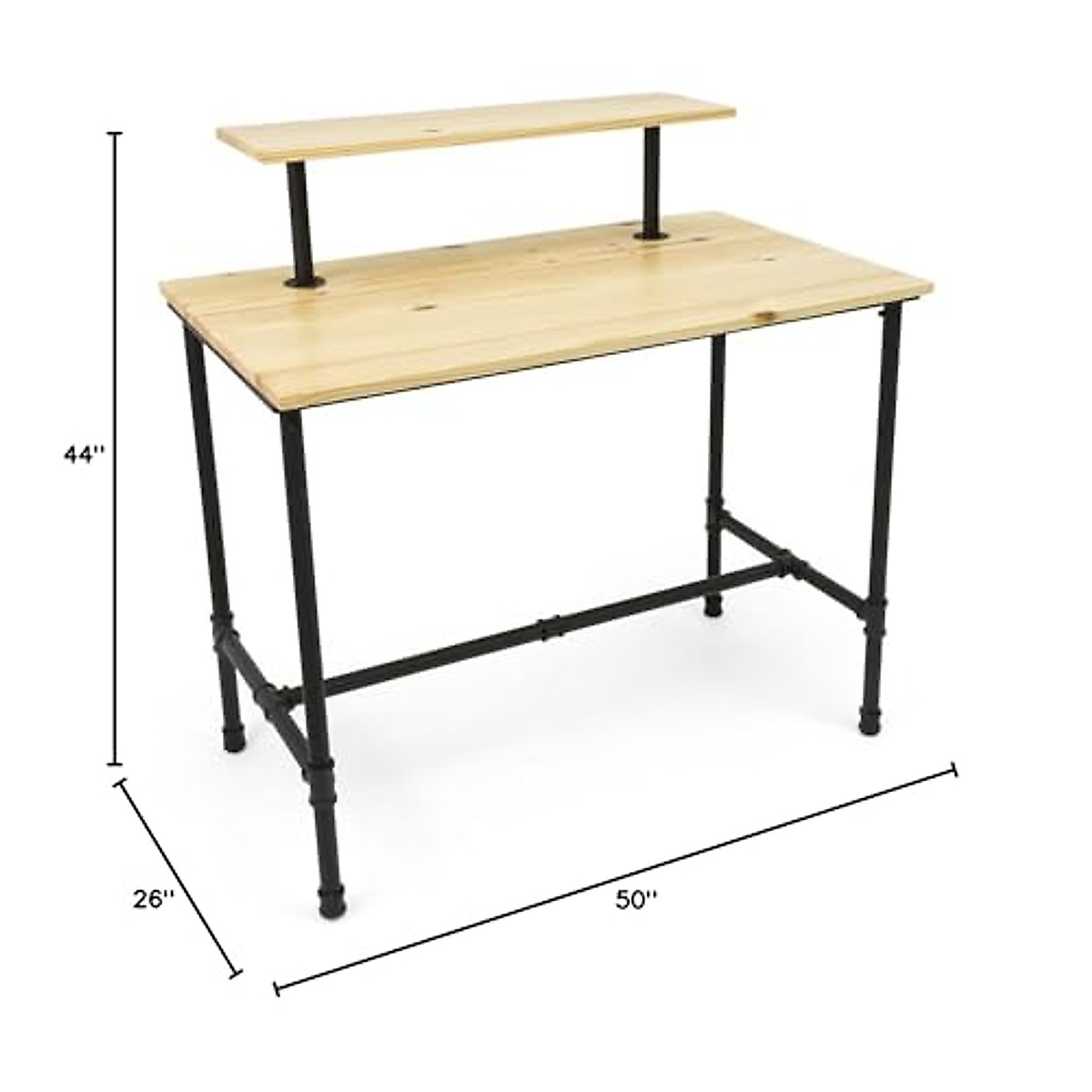 Displays2go, Large Pipe Display Table, Metal and Pine Wood Construction – Natural Finish, Black Hardware (PPLNNSTLRG)
