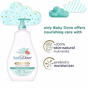 Baby Dove Sensitive Skin Care Baby Wash For Bath Time, Moisture Fragrance Free and Hypoallergenic, Washes Away Bacteria 20 oz
