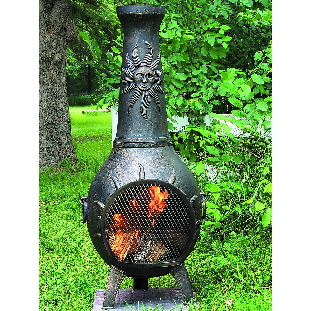 The Blue Rooster Sun Stack Chiminea Outdoor Fireplace - Wood Burning Cast Aluminum Deck or Patio Firepit