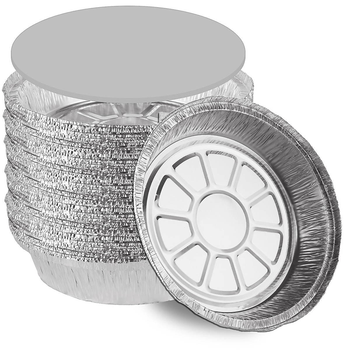 ABuff 50 Pack 9 Inch Round Aluminum Pans with Lids, Disposable Foil Pans Pie Tins Tray, Takeout Food Containers for Baking Roasting Broiling Cooking Storage and Takeout, Freezer & Oven Safe
