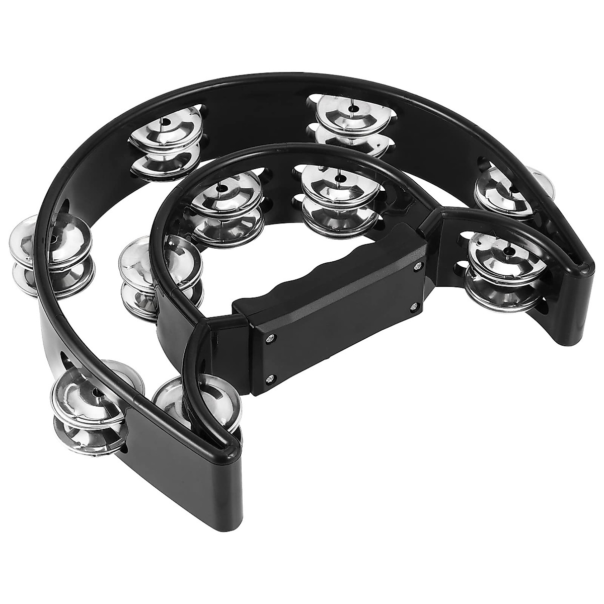 MUKLEI 4 Pack 9 Inch Double Row Tambourine, Half Moon Musical Tambourine, Metal Jingles Hand Held Percussion Drum with Ergonomic Handle Grip for KTV, Party, Gift, Black