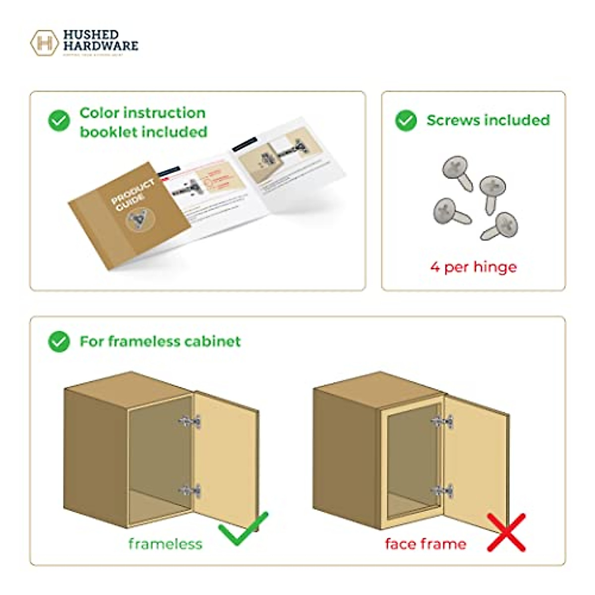 Hushed Hardware 20 Pack Frameless Full Overlay Adjustable Closing Speed Soft Close Cabinet Hinges. Premium Soft Close Hinges for Kitchen Cabinets. Self-Closing Door Hinges for Cabinet Door.