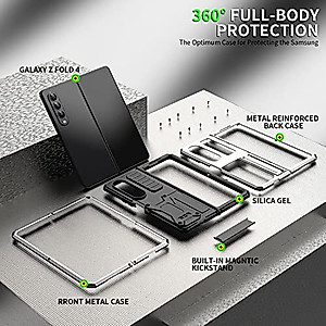 Shockproof Armor Case for Samsung Galaxy Z Fold 4 Case,Metal Aluminum Kickstand Hybrid PC Dustproof Anti-Fingerprint Folding Protective Cover Compatible with Samsung Galaxy Z Fold 4(Sliver)