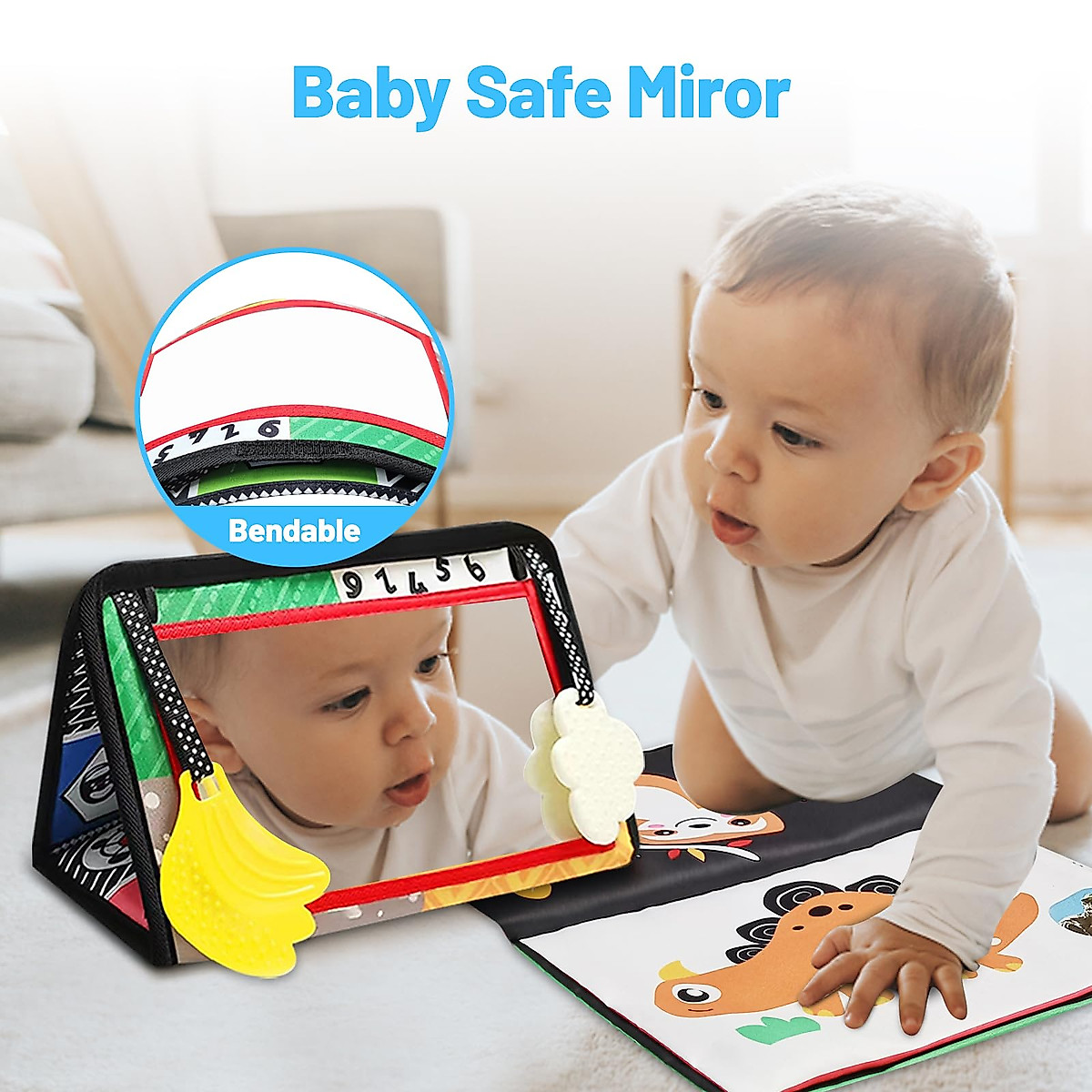Baby Mirror Toys for Tummy Time,Newborn,Infant 0-3-4-6-12 Months Old Gift,Boy/Girl Brain Developmental Montessori Sensory Crinkle Black and White Book.Essential Activity Safe Mirror for Floor,Crib,Car