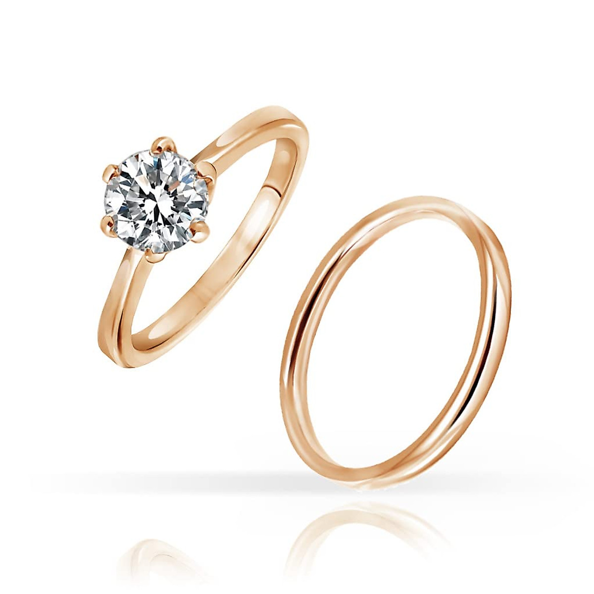 SILVERLINE JEWELRY Stainless Steel 2mm Wedding Band & Solitaire 7mm Round-Cut Cubic Zirconia Engagement Bridal Ring Set, Rose Gold Tone Size 6.5